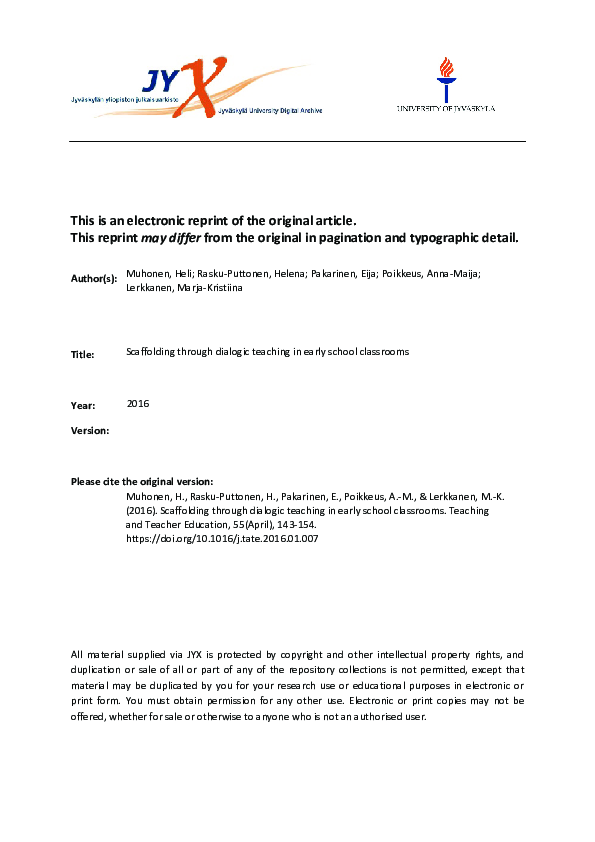 (PDF) Scaffolding through dialogic teaching in early school classrooms