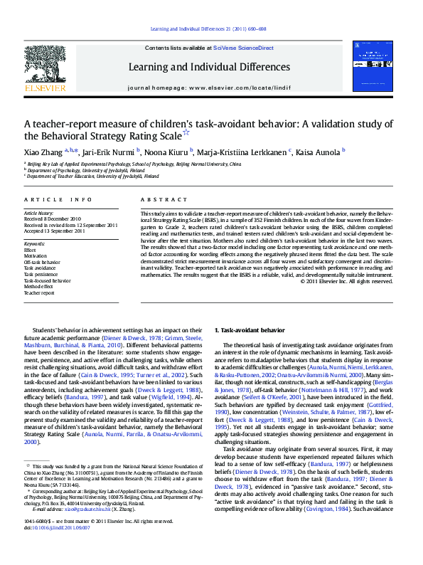 (PDF) A teacher-report measure of children's task-avoidant behavior: A ...