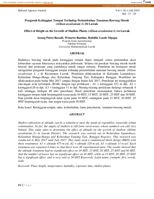 (PDF) Pengaruh Ketinggian Tempat Terhadap Pertumbuhan Tanaman Bawang Merah (Allium ascalonium L ...