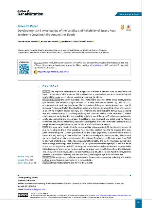 (PDF) Development and Investigating of the Validity and Reliability of Empty Nest Syndrome ...