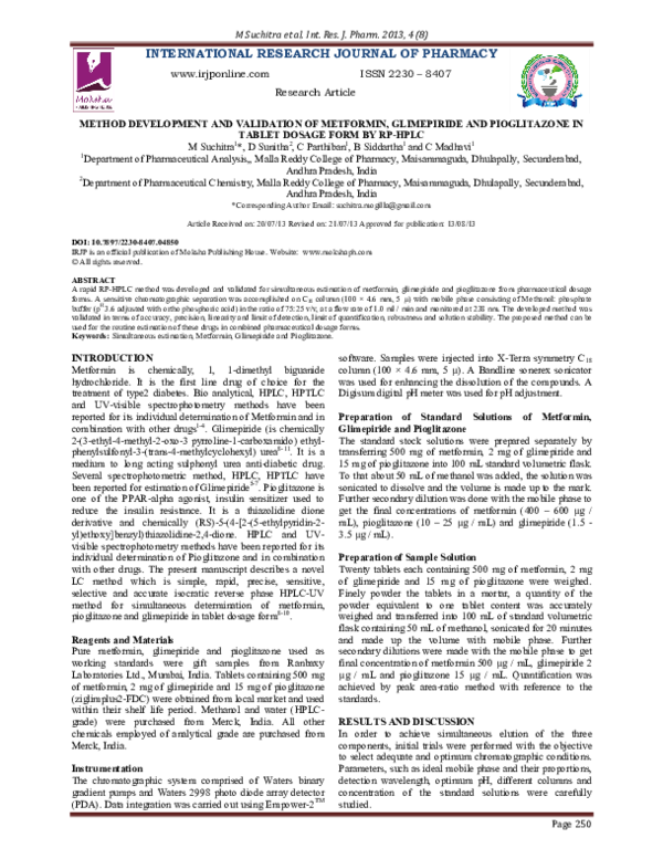 (PDF) Method Development and Validation of Metformin, Glimepiride and Pioglitazone in Tablet ...
