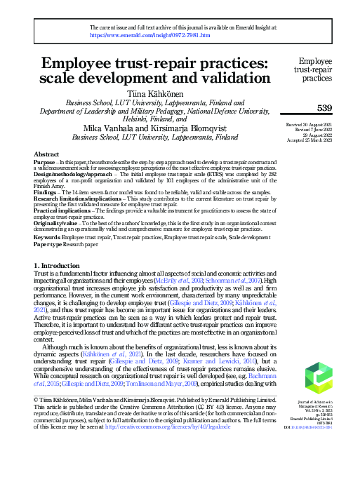 (PDF) Employee trust-repair practices: scale development and validation