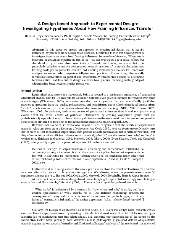 (PDF) A Design-based Approach to Experimental Design: Investigating Hypotheses About How Framing ...