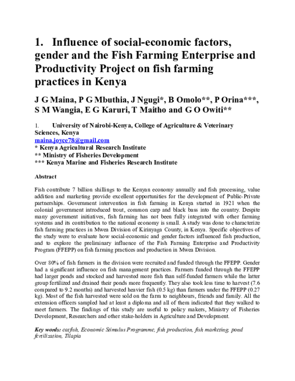 (PDF) Influence of social-economic factors, gender and the Fish Farming Enterprise and ...