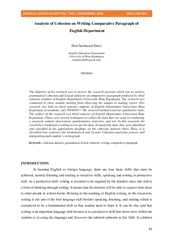 (PDF) Analysis of Cohesion on Writing Comparative Paragraph of English ...