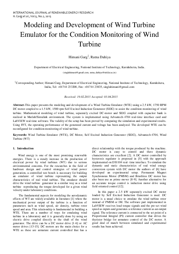 (PDF) Modelling and Development of Wind Turbine Emulator for the Condition Monitoring of Wind ...