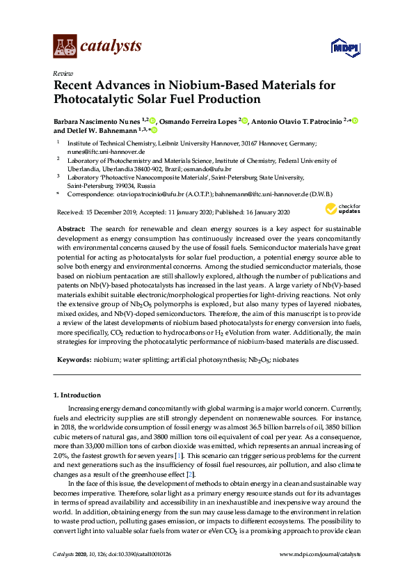(PDF) Recent Advances in Niobium-Based Materials for Photocatalytic Solar Fuel Production