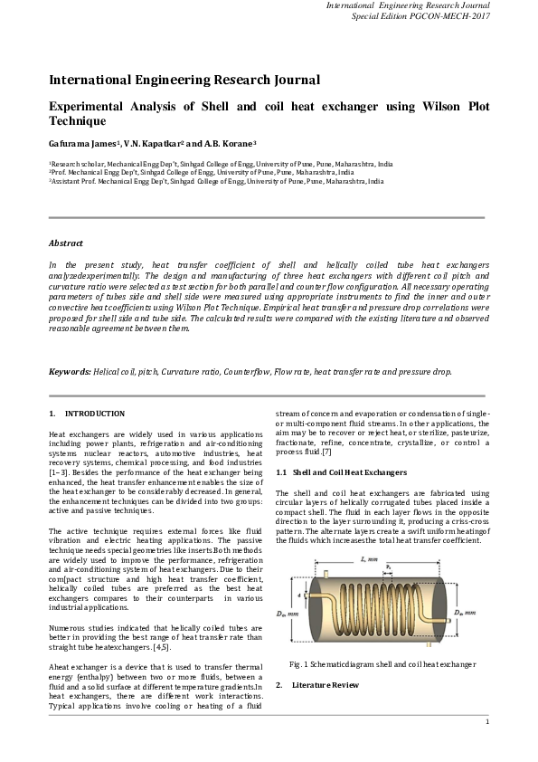 (PDF) Experimental Analysis of Shell and coil heat exchanger using ...
