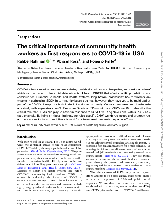 (PDF) The critical importance of community health workers as first ...