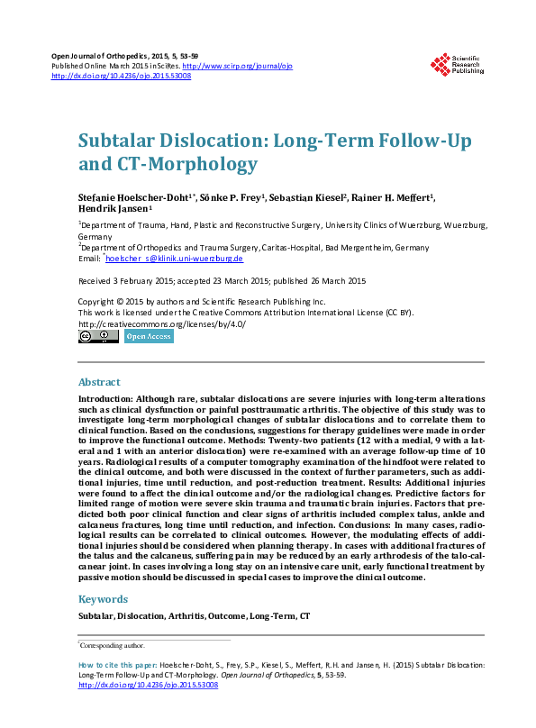 (PDF) Subtalar Dislocation: Long-Term Follow-Up and CT-Morphology