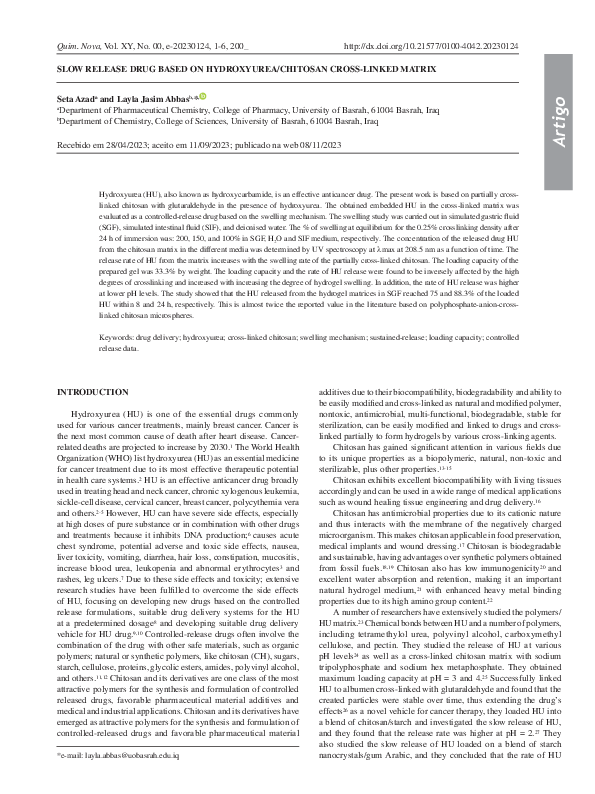 (PDF) Slow Release Drug Based on Hydroxyurea/Chitosan Cross-Linked Matrix