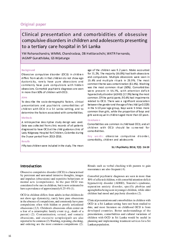 (PDF) Clinical presentation and comorbidities of obsessive compulsive ...