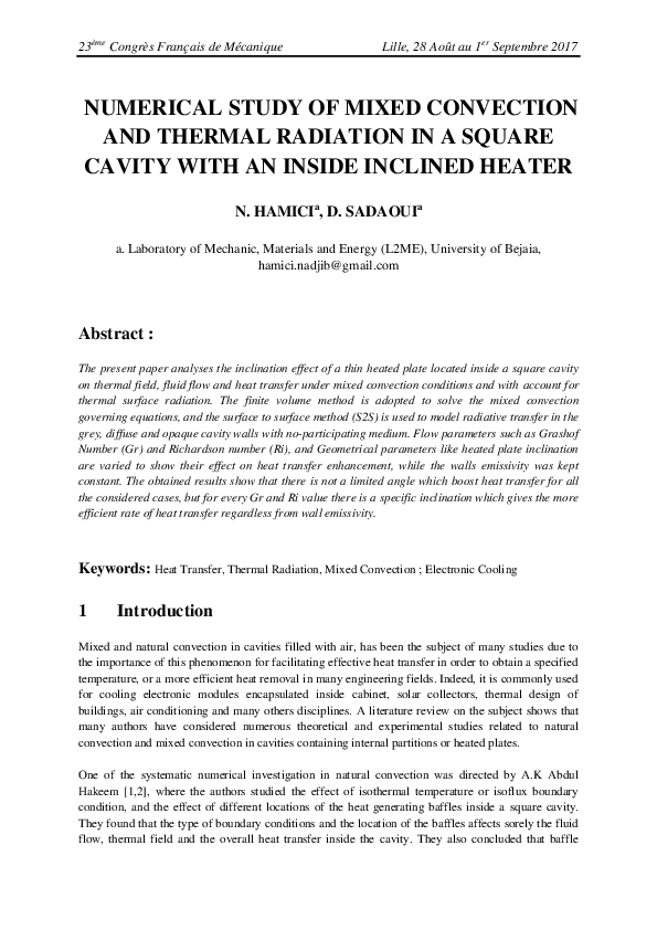 (PDF) Numerical Study of Mixed Convection and Thermal Radiation in a Square Cavity with an ...