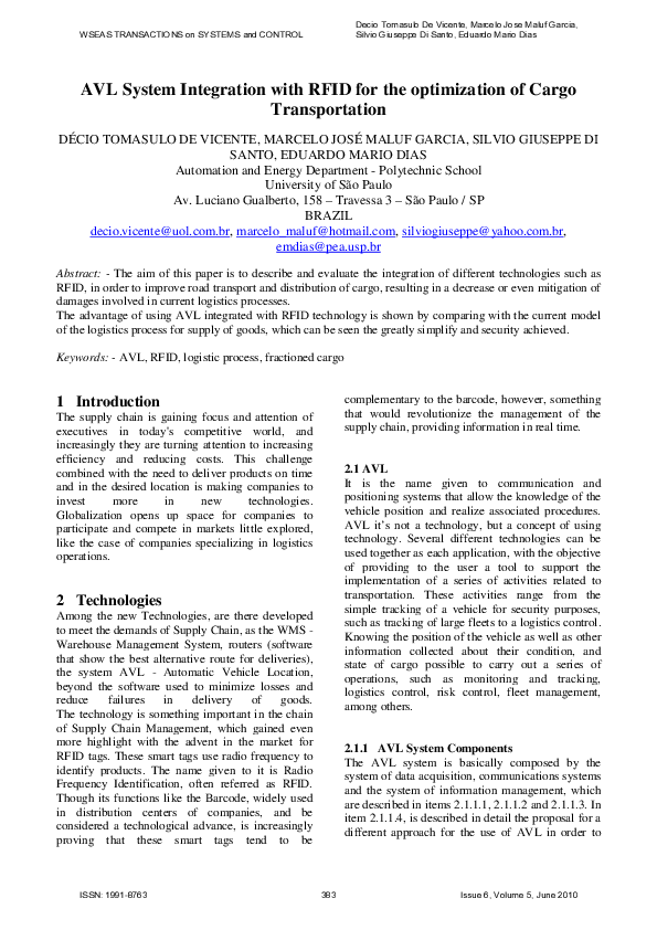 (PDF) AVL system integration with RFID for the optimization of cargo ...