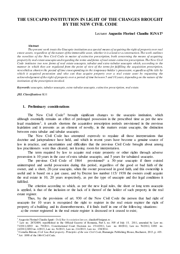 (PDF) The Usucapio Institution in Light of the Changes Brought by the ...