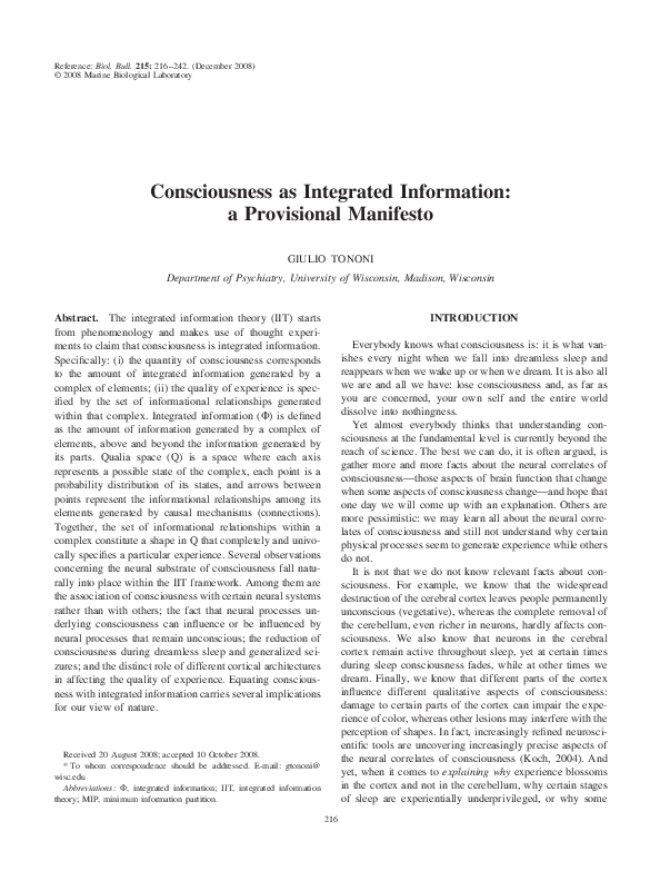 (PDF) Consciousness as Integrated Information: a Provisional Manifesto