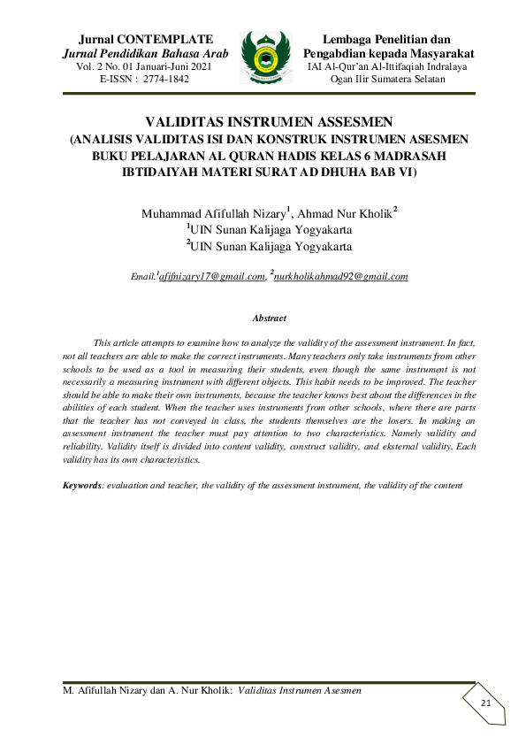 (PDF) Validitas Instrumen Assesmen (Analisis Validitas Isi Dan Konstruk ...