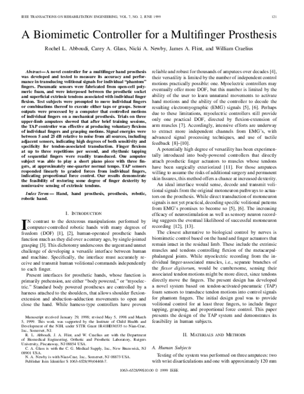 (PDF) A biomimetic controller for a multifinger prosthesis