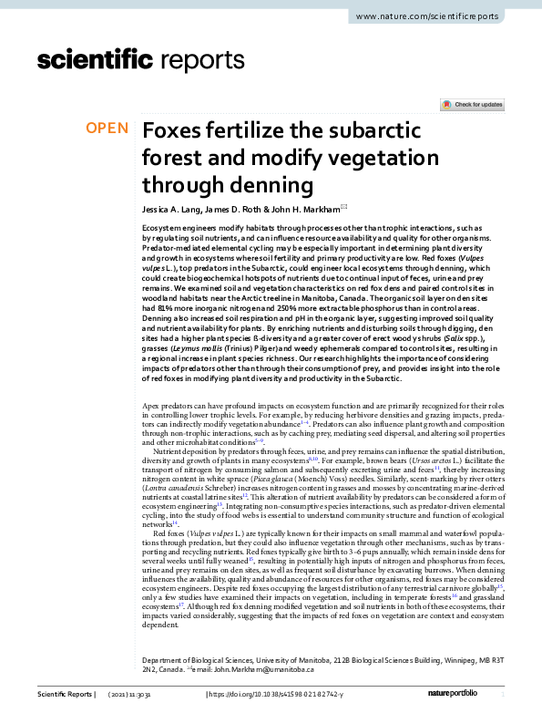 (PDF) Foxes fertilize the subarctic forest and modify vegetation ...
