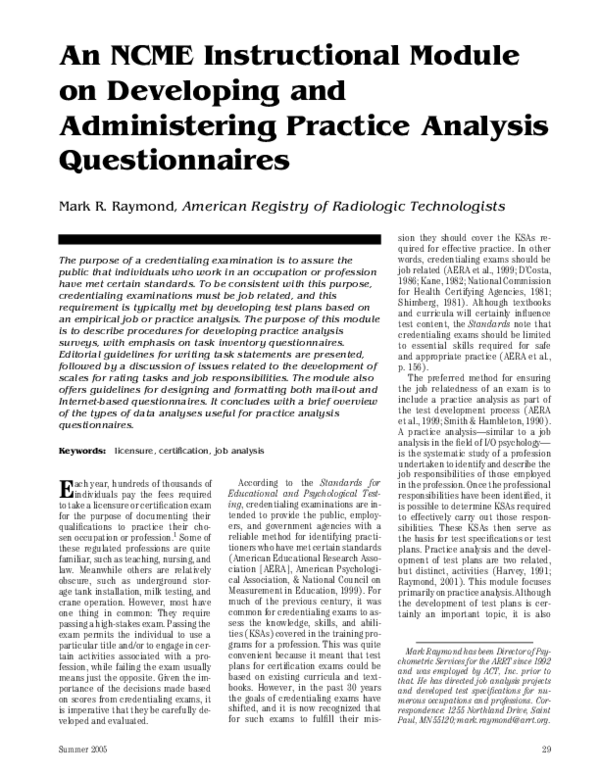 (PDF) An NCME Instructional Module on Developing and Administering Practice Analysis Questionnaires