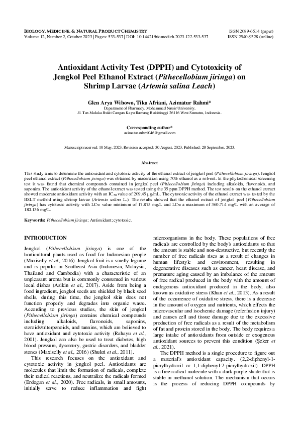 (PDF) Antioxidant Activity Test (DPPH) and Cytotoxicity of Jengkol Peel ...