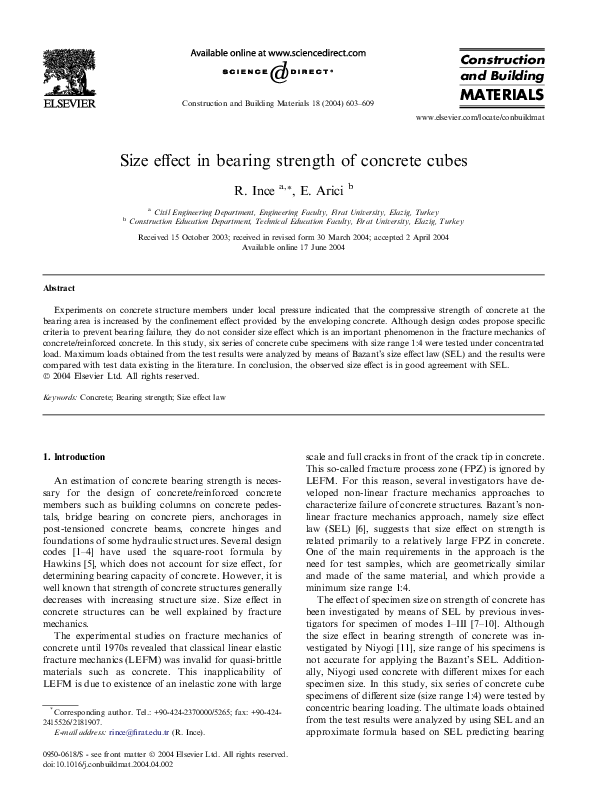 (PDF) Size effect in bearing strength of concrete cubes