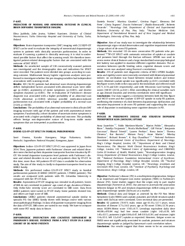(PDF) Fatigue in Parkinson's disease and striatum dopamine transporter ...