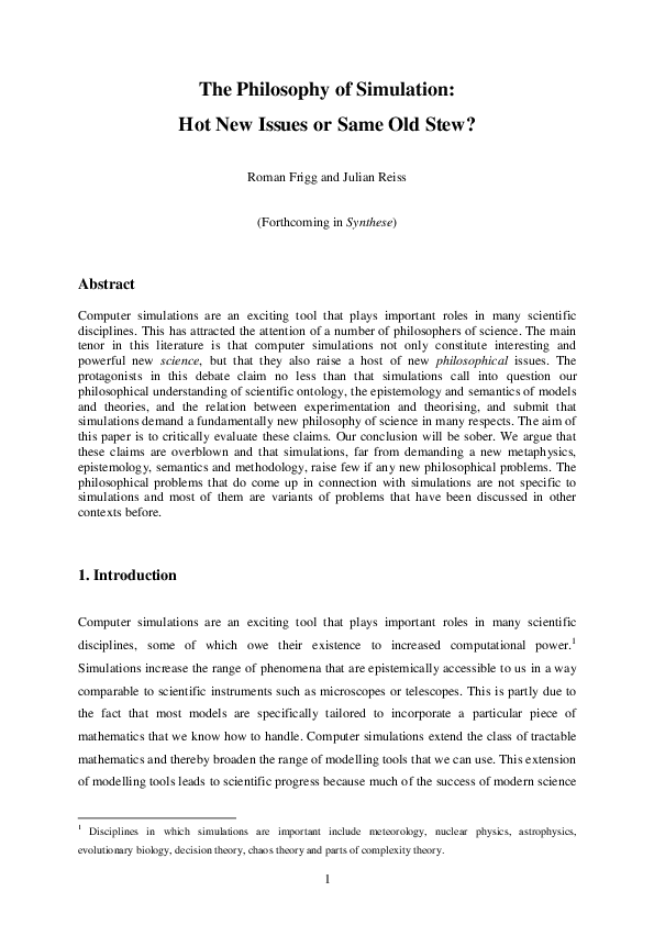 (PDF) The Philosophy of Simulation: Hot New Issues or Same Old Stew?