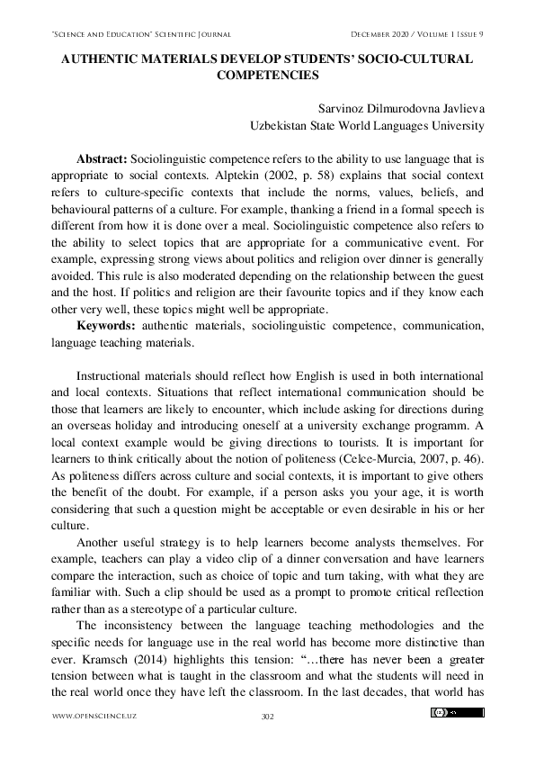 (PDF) Authentic Materials Develop Students' Socio-Cultural Competencies