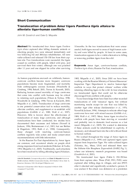 (PDF) Translocation of problem Amur tigers Panthera tigris altaica to ...