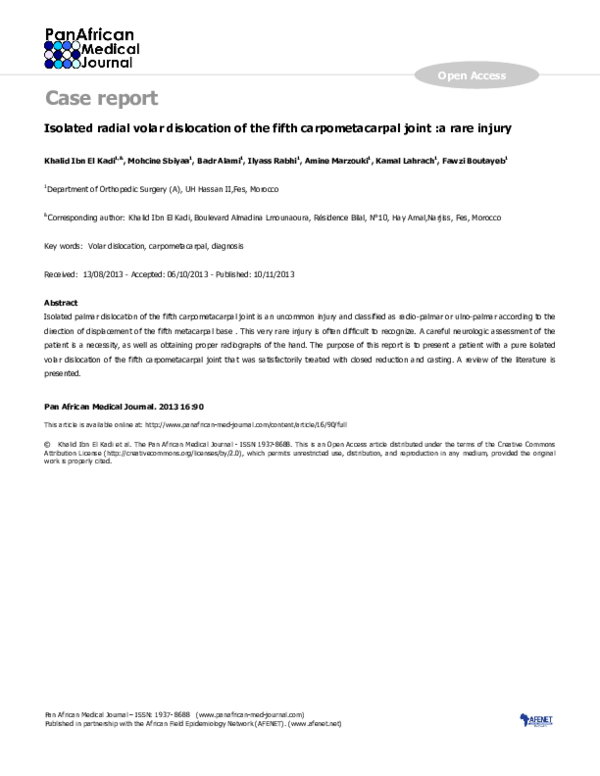 (PDF) Isolated radial volar dislocation of the fifth carpometacarpal ...