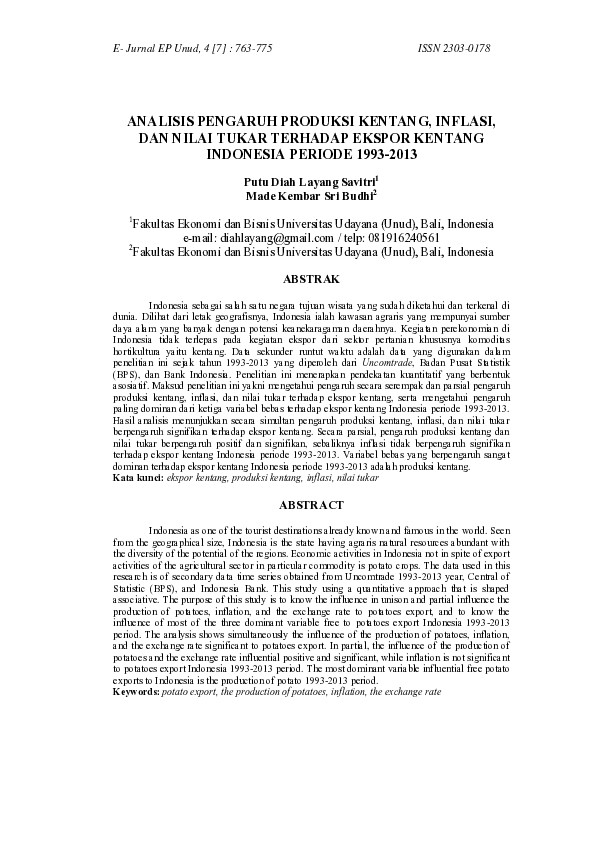 (PDF) Analisis Pengaruh Produksi Kentang, Inflasi, dan Nilai Tukar Terhadap Ekspor Kentang ...