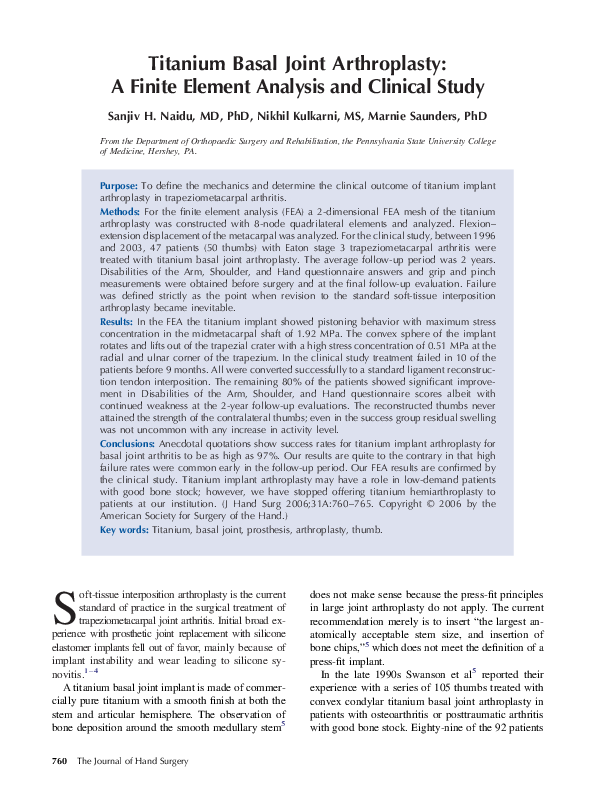 (PDF) Titanium Basal Joint Arthroplasty: A Finite Element Analysis and ...