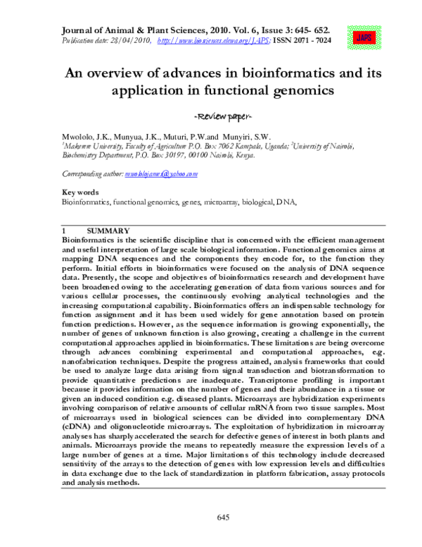 (PDF) An overview of advances in bioinformatics and its application in functional genomics