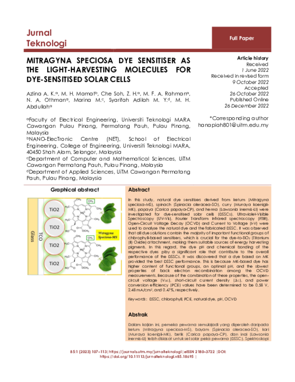 (PDF) Mitragyna Speciosa Dye Sensitiser as the Light-Harvesting ...