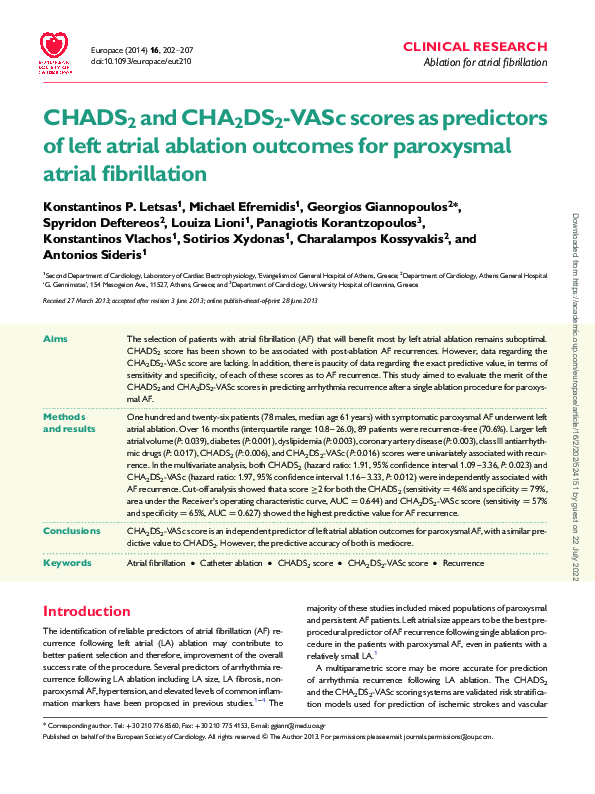 (PDF) CHADS2 and CHA2DS2-VASc scores as predictors of left atrial ...