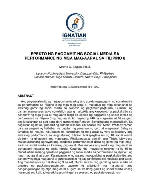 (PDF) EPEKTO NG PAGGAMIT NG SOCIAL MEDIA SA PERFORMANCE NG MGA MAG-AARAL SA FILIPINO 8