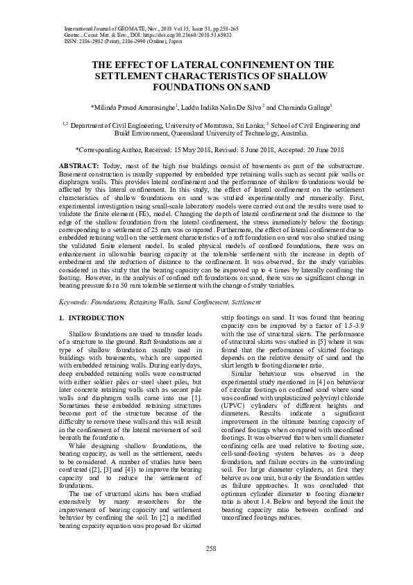 (PDF) THE EFFECT OF LATERAL CONFINEMENT ON THE SETTLEMENT CHARACTERISTICS OF SHALLOW FOUNDATIONS ...