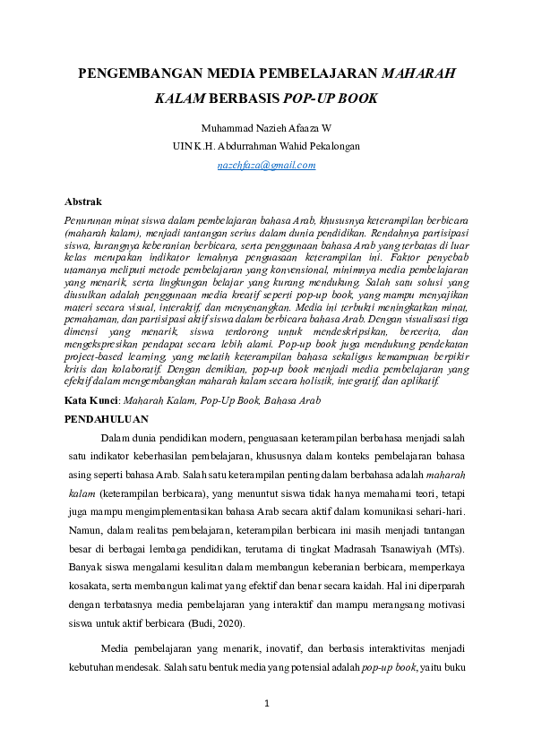 (PDF) PENGEMBANGAN MEDIA PEMBELAJARAN MAHARAH KALAM BERBASIS POP-UP BOOK