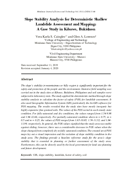 (PDF) Slope Stability Analysis for Deterministic Shallow Landslide Assessment and Mapping: A ...