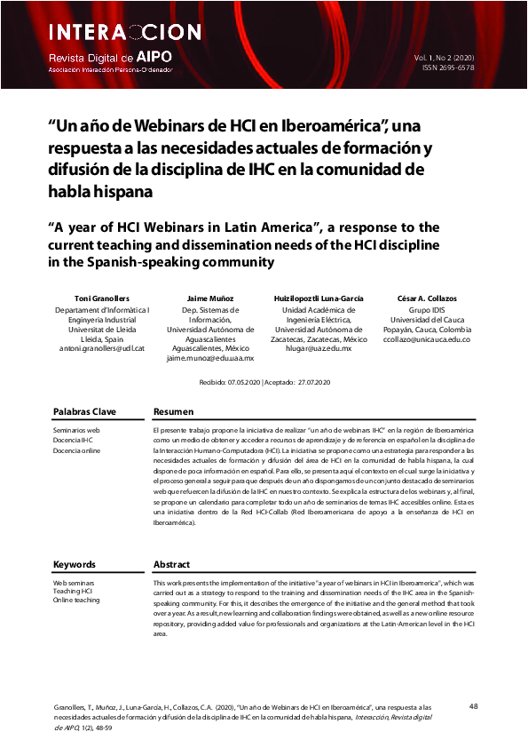 (PDF) Un año de Webinars de HCI en Iberoamérica”, una respuesta a las ...