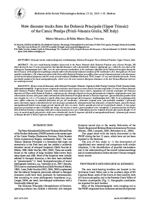 (PDF) New dinosaur tracks from the Dolomia Principale (Upper Triassic) of the Carnic Prealps ...