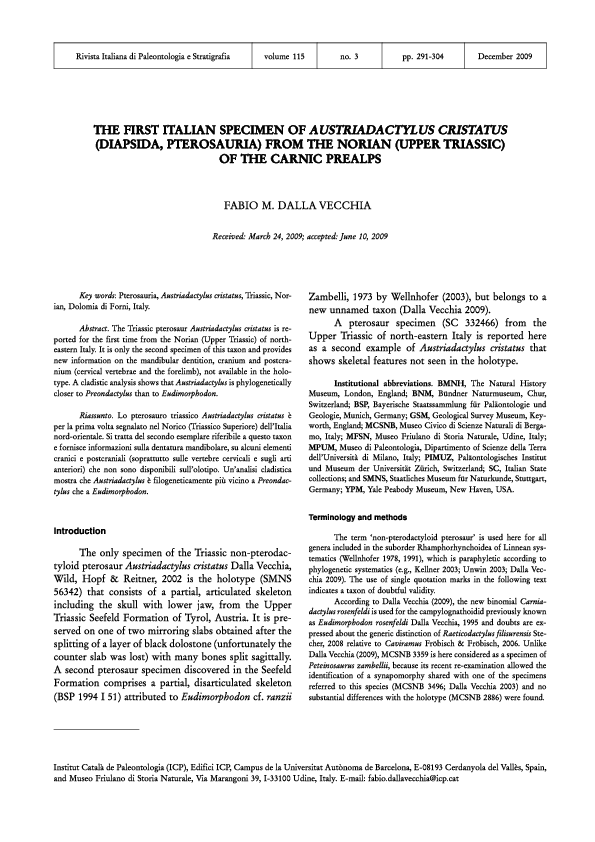 (PDF) The First Italian Specimen of Austriadactylus Cristatus (Diapsida ...