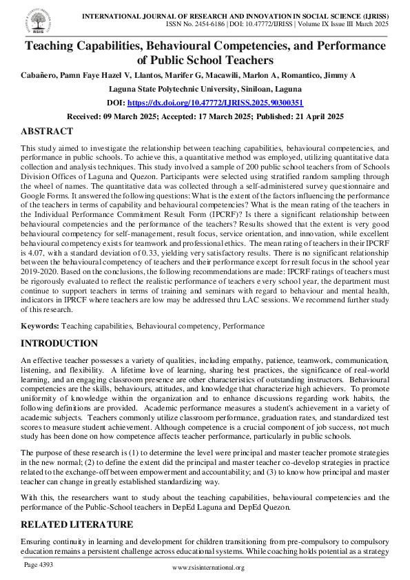(PDF) Teaching Capabilities, Behavioural Competencies, and Performance ...