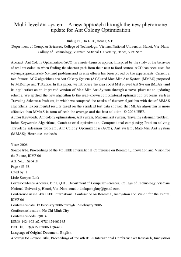 (PDF) Multi-level ant system - a new approach through the new pheromone update for ant colony ...