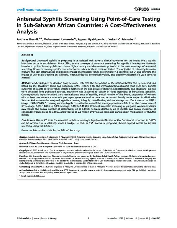 (PDF) Antenatal Syphilis Screening Using Point-of-Care Testing in Sub ...
