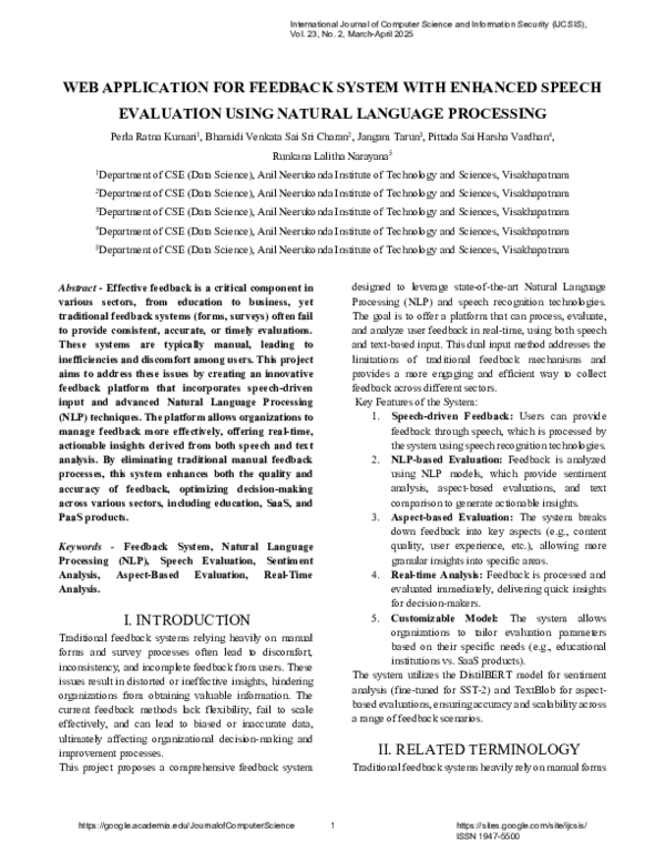 (PDF) WEB APPLICATION FOR FEEDBACK SYSTEM WITH ENHANCED SPEECH EVALUATION USING NATURAL LANGUAGE ...