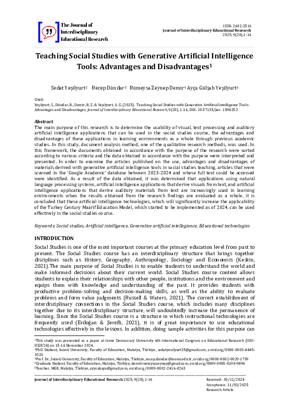 (PDF) Teaching Social Studies with Generative Artificial Intelligence Tools: Advantages and ...