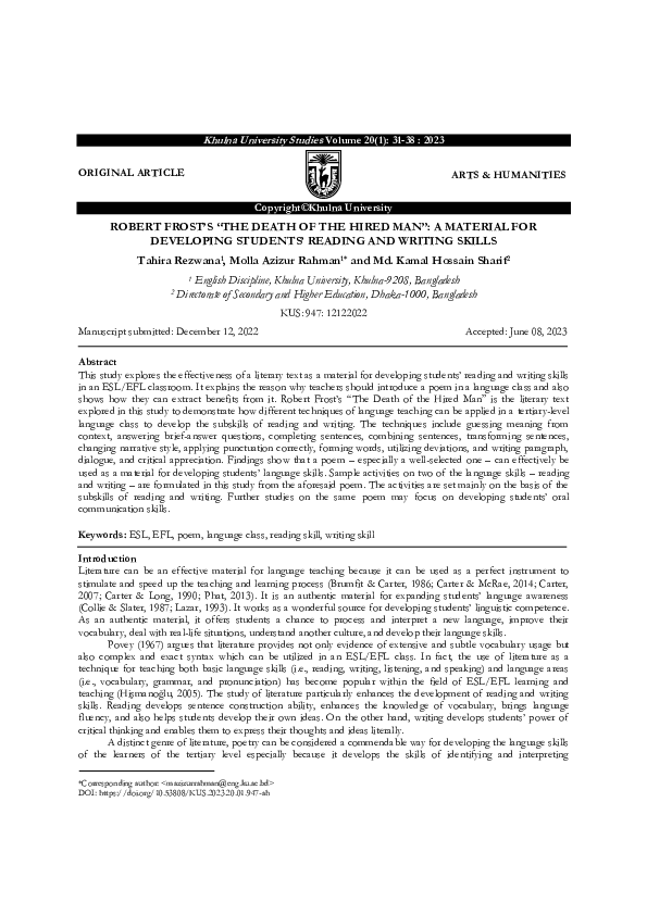 (PDF) Robert Frost’s “The Death of the Hired Man”: A Material for ...