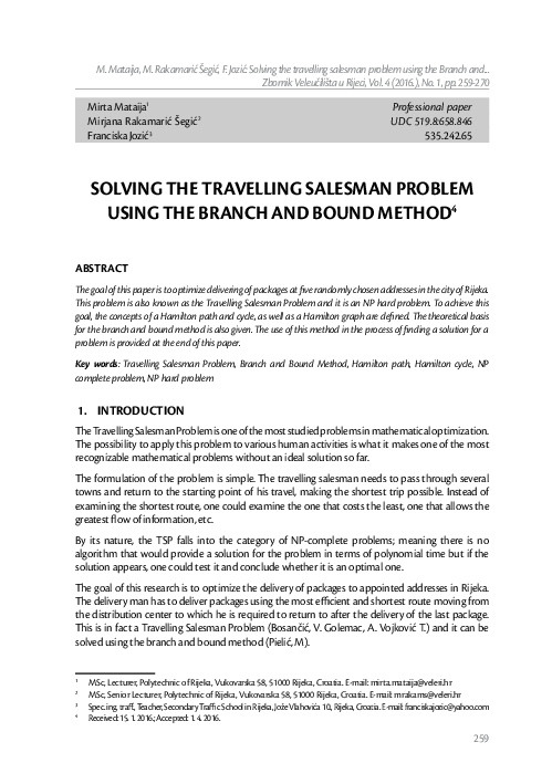 (PDF) Solving the travelling salesman problem using the branch and bound method